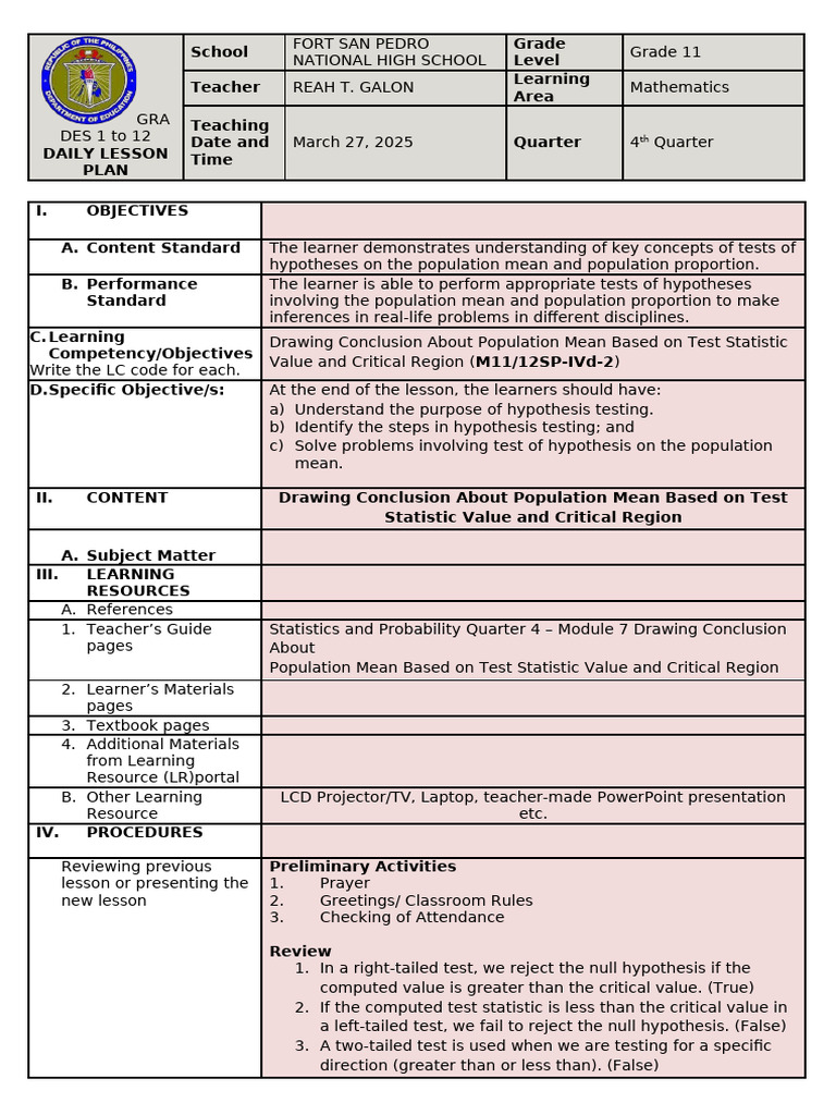 Grade 11 Hypothesis Testing Lesson Plan | PDF | Hypothesis | Null ...