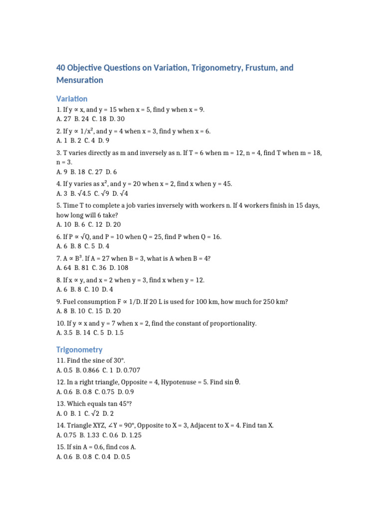 Variation Trigonometry Frustum Mensuration Questions | PDF | Area | Elementary Mathematics