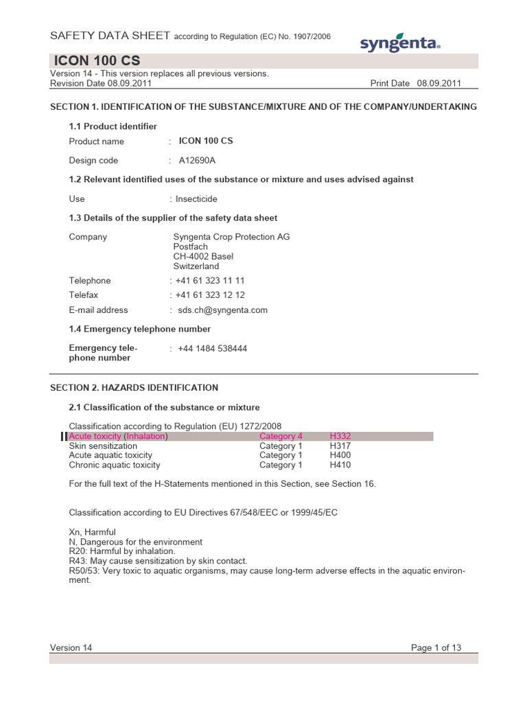 Icon 100 CS Syngenta 2011 | PDF | Toxicity | Personal Protective Equipment