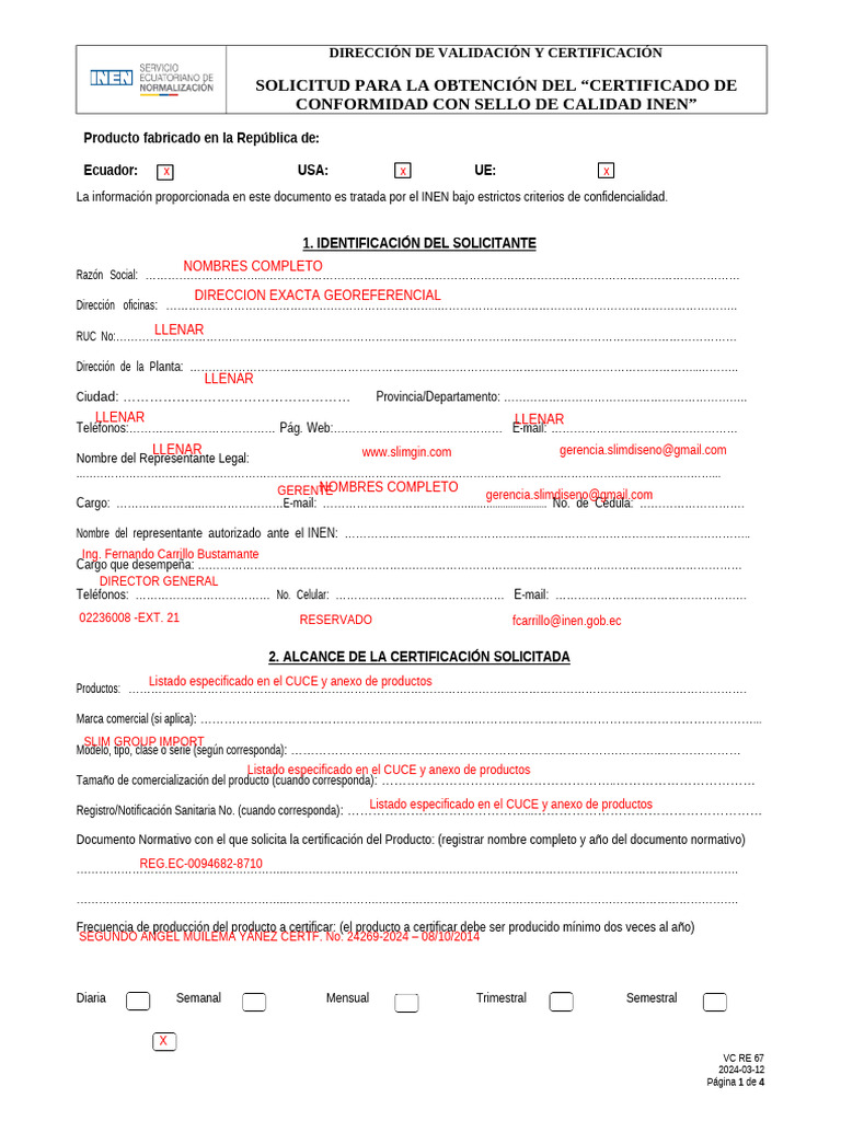 VC-RE-67-Solicitud-Sello-Certificado de Conformidad INEN-SLIM | PDF