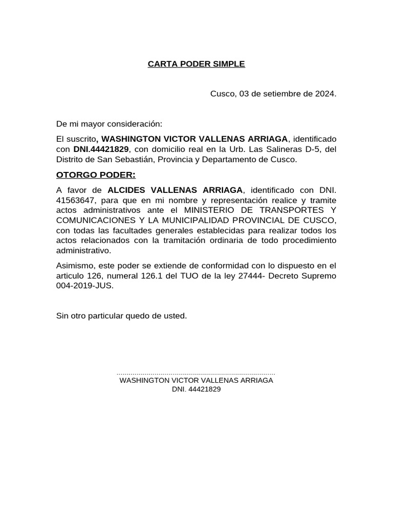Carta Poder Simple - Victor | PDF
