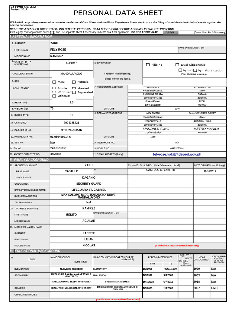 Personal Data Sheet Template | PDF | Government