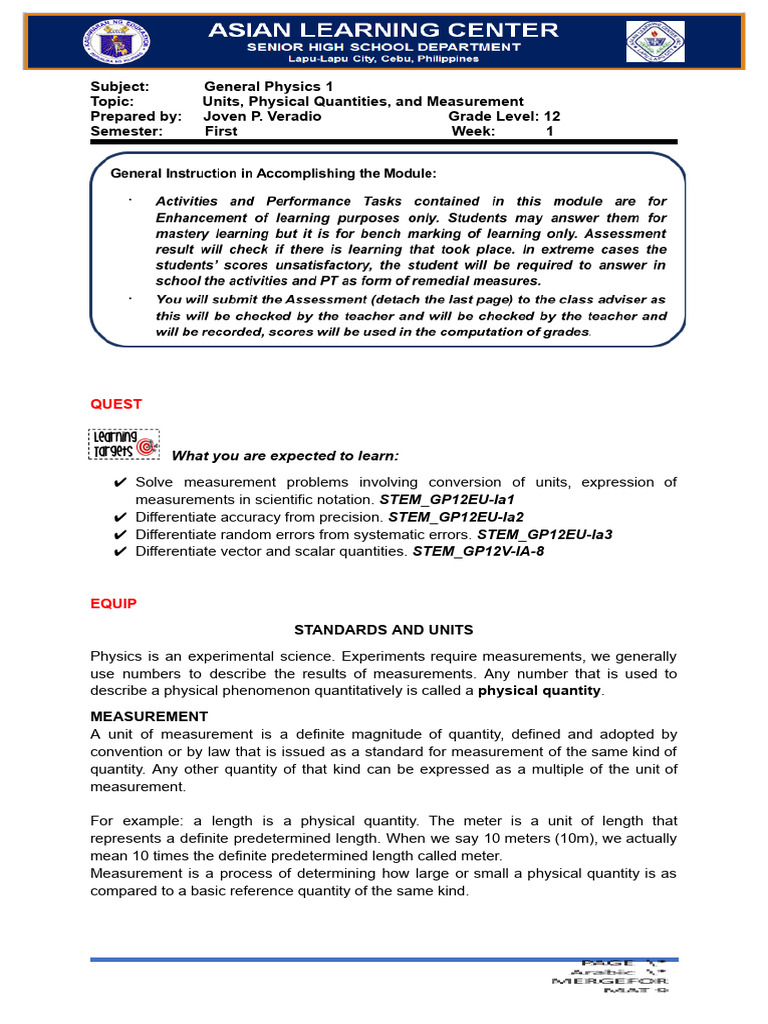 Week 1 General Physics 1 Module | PDF | Accuracy And Precision | Measurement