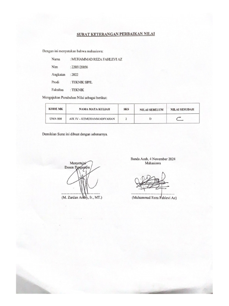 Surat Keterangan Perbaikan Nilai | PDF