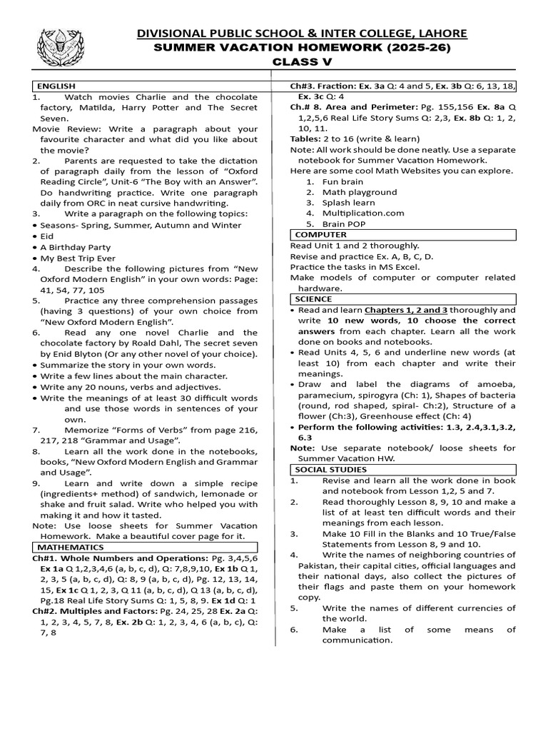 2025 - Summer Vacation HW (Class V) | PDF | Linguistics | Grammar