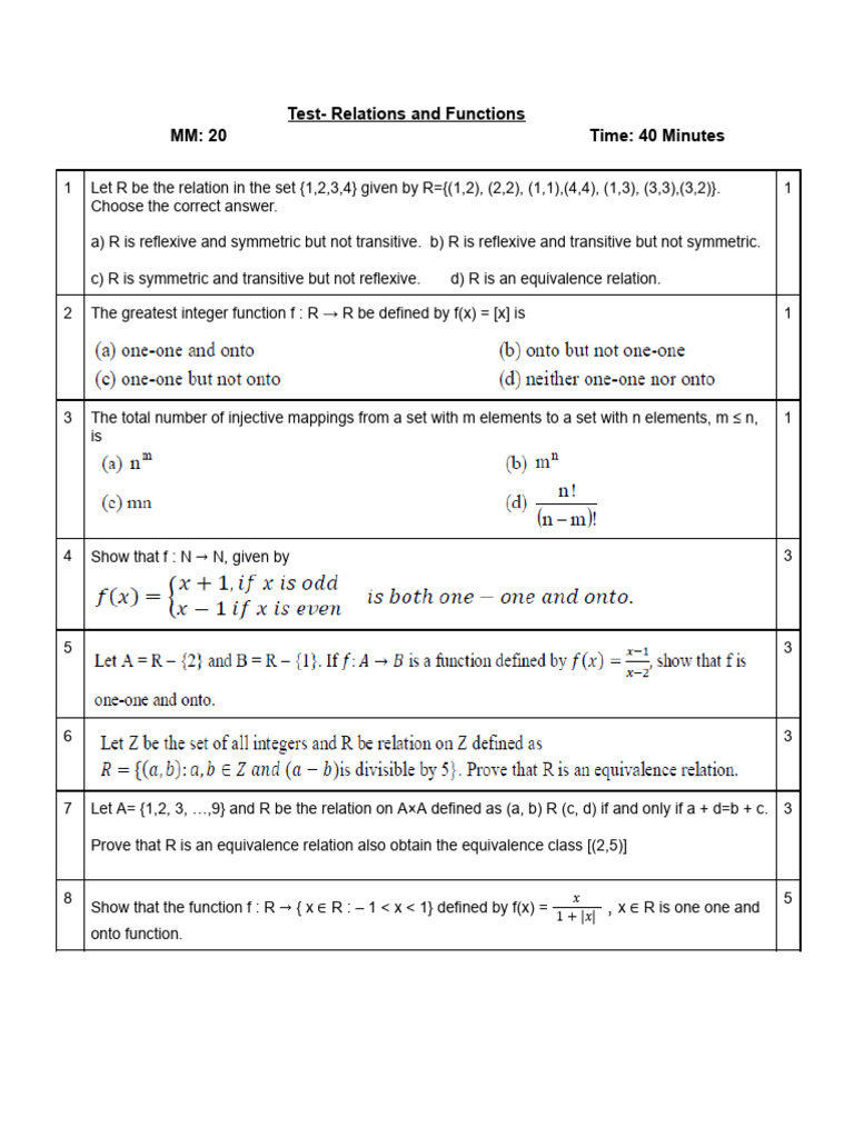 Test- Relations and Functions - Gr 12 | PDF