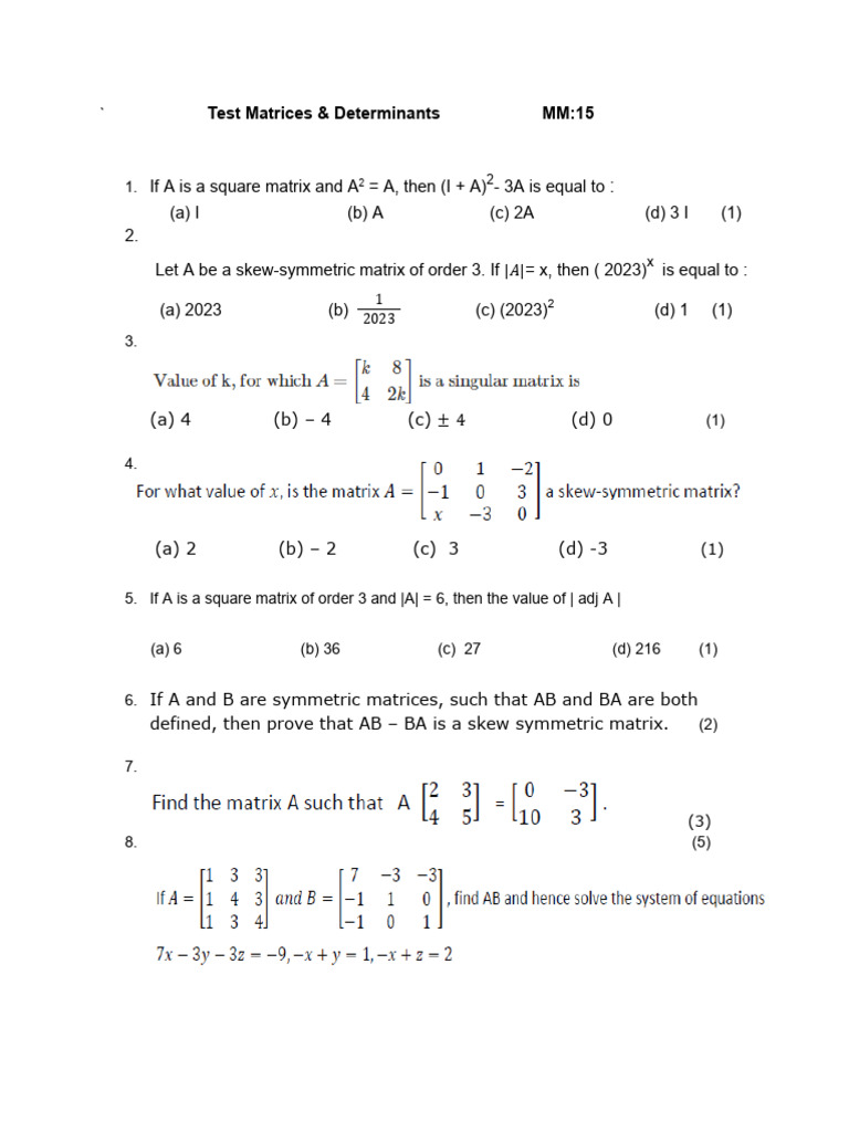 Test Matrices and Determinants Quiz | PDF