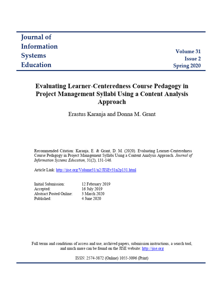 Evaluating Learner-Centeredness Course Pedagogy in Project Manage | PDF | Learning | Curriculum
