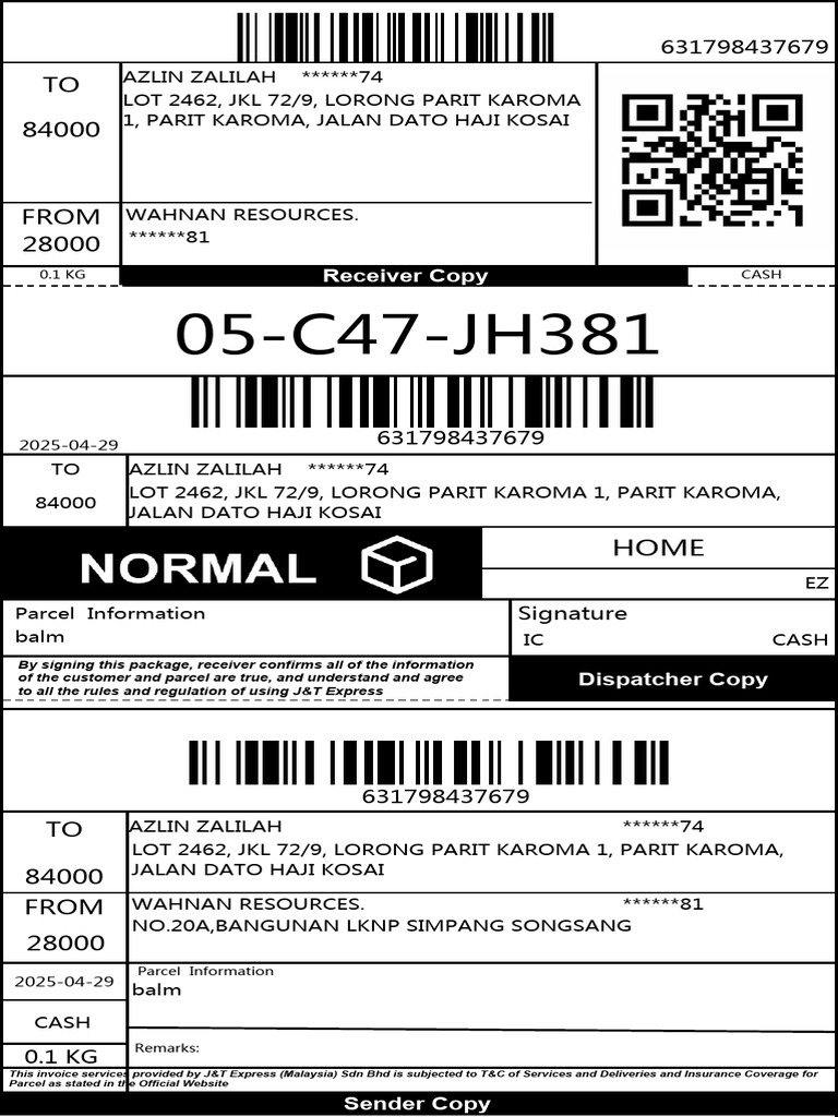 J&T Express Parcel Confirmation | PDF