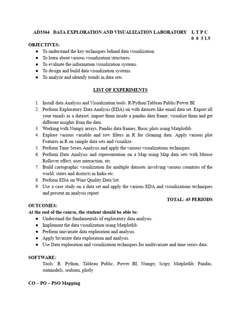 Ad3364 Data Exploration and Visualization Laboratory Syllabus L T P C | PDF | Data Analysis | Data