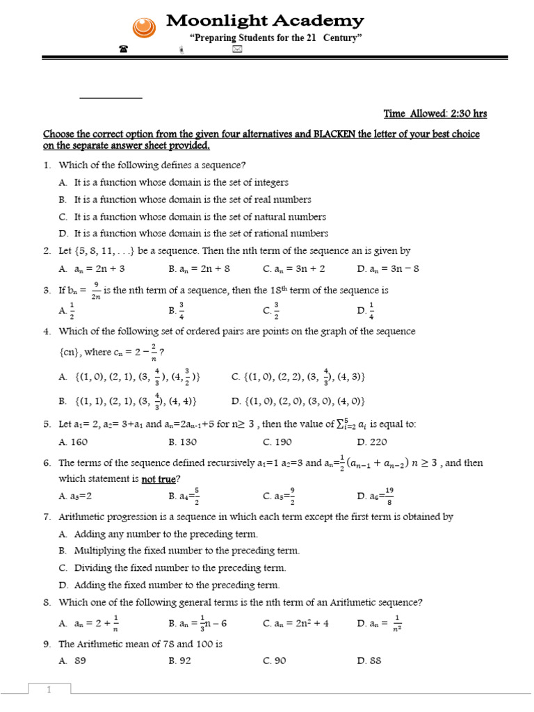Grade 12 Mathematics MODEL EXAM 2 | PDF | Function (Mathematics) | Sequence