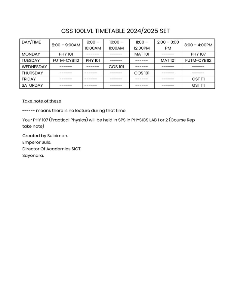 CSS 100LVL Timetable | PDF