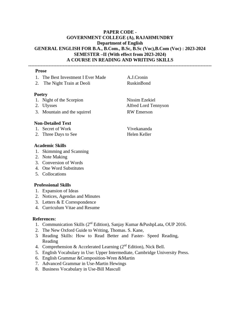 SEM 2 General English - Syllabus & Model Paper (2024 - 25) | PDF ...