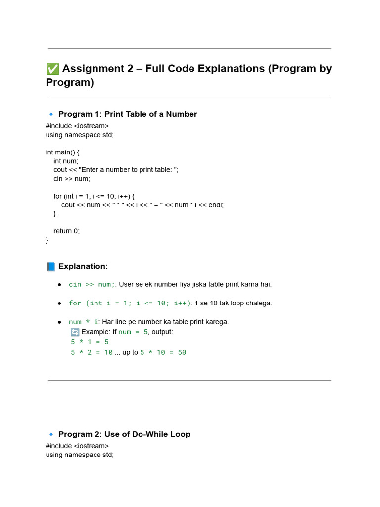 Assignment 2 - Full Code Explanations (Program by Program) | PDF | Namespace | Computer Programming