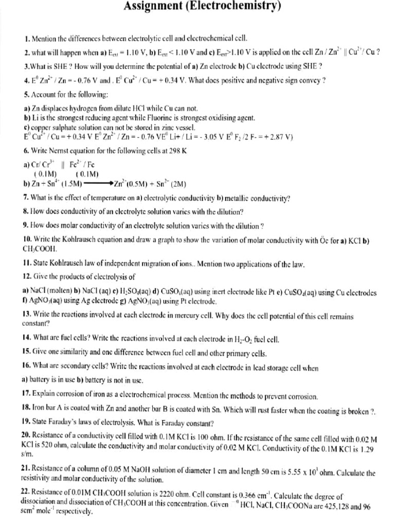 Electrochemistry and Chemical Kinetics Assignment | PDF | Electrochemistry | Applied And ...