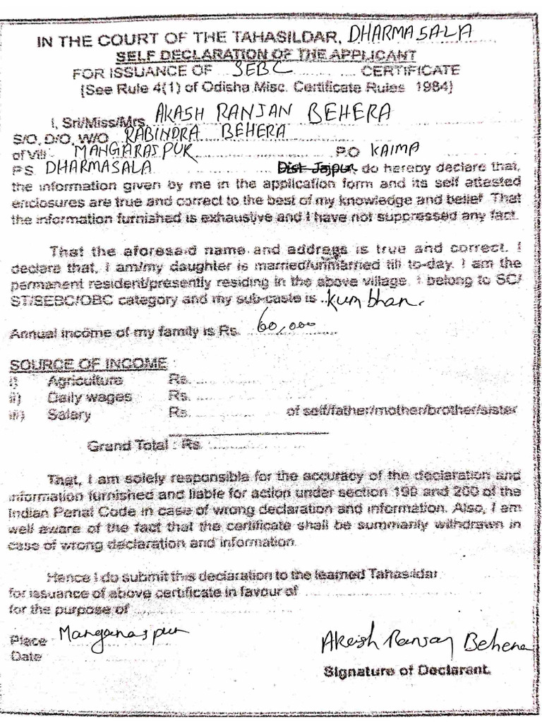 Self Declaration Sebc | PDF