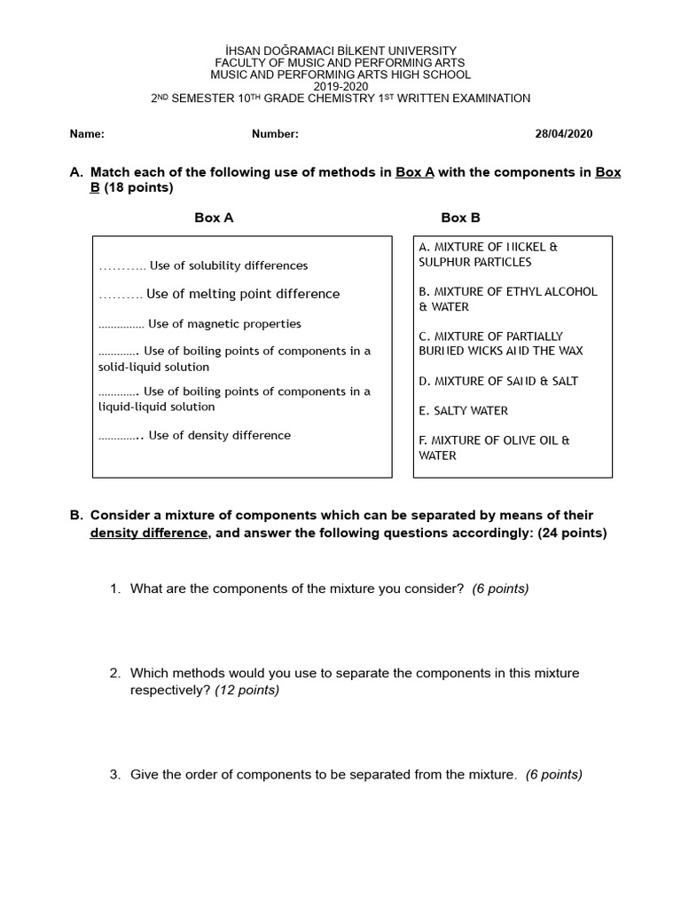 19 - 20 - Chemistry - 2nd - Term - 1st - Exam - 200428 PDF | PDF | Mixture | Distillation