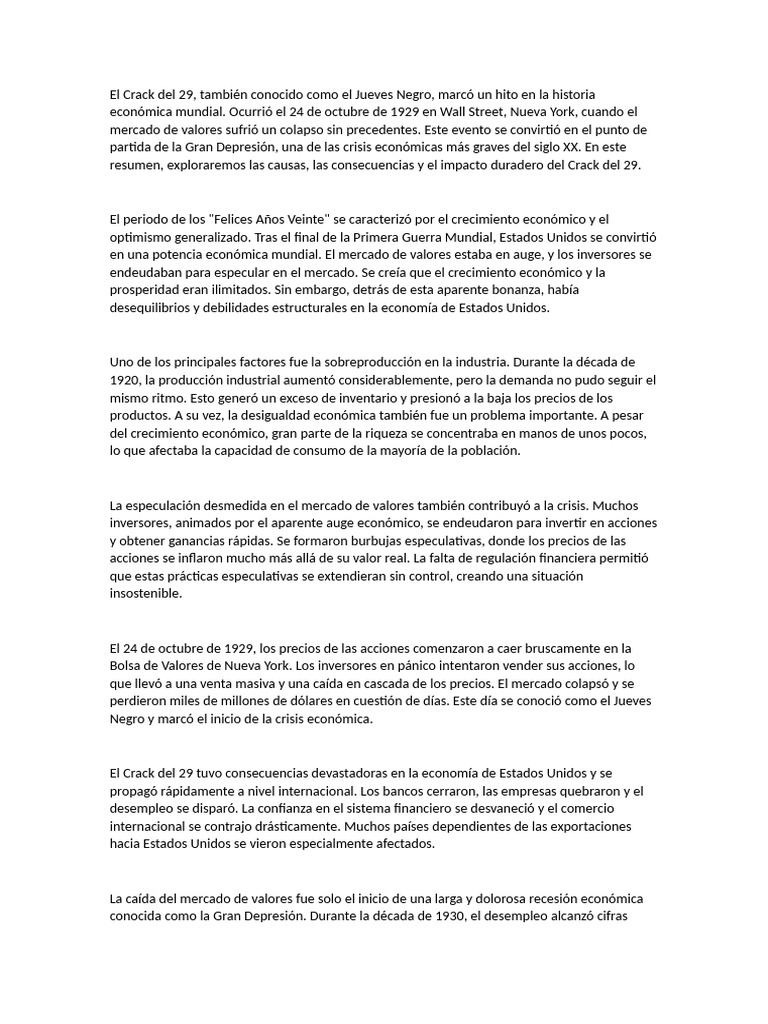 Causas y Consecuencias del Crack del 29 | PDF | Gran depresion ...