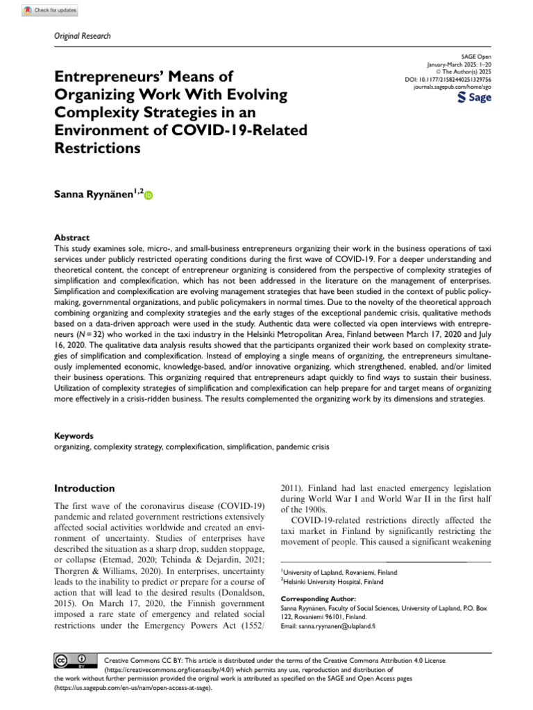 Entrepreneurs' Means of Organizing Work With Evolving Complexity Strategies in An Environment of ...