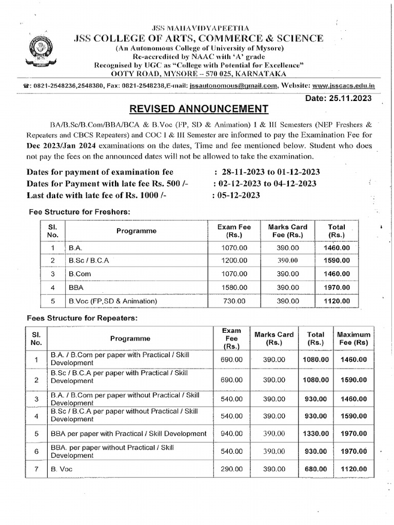Revised Notification For UG, B.voc and COC I, III & V Semester (NEP & CBCS) Examination Fee ...