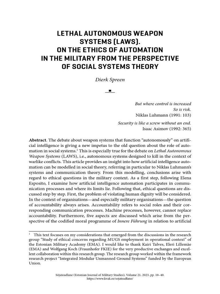 St 21 Dierk Spreen Lethal Autonomous Weapon Systems Laws. on the Ethics of Automation in the ...