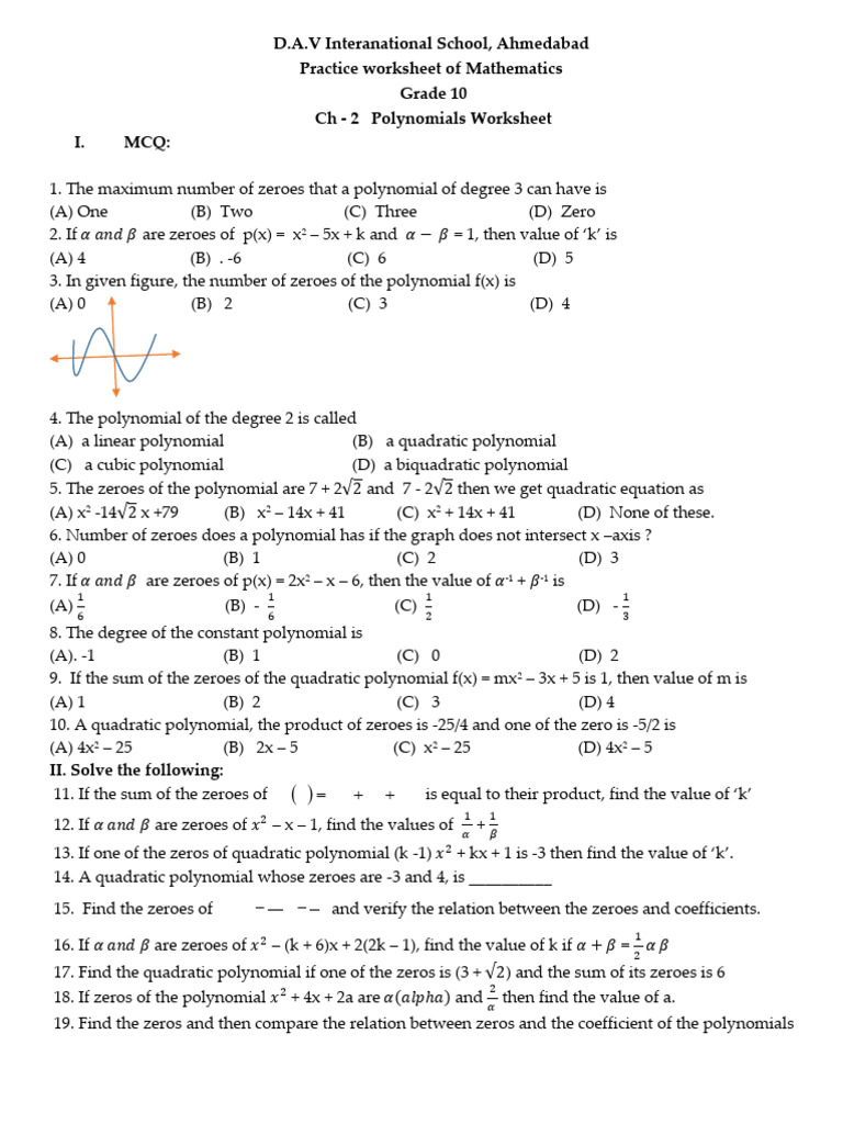 Ch-2 Practice Worksheet of Mathematics | PDF | Polynomial | Zero Of A Function