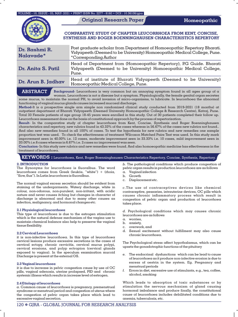 Comparative Study of Chapter Leucorrhoea From Kent Concise Synthesis ...