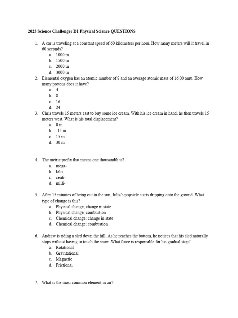 2023 Science Challenger d1 Physics Science Questions | PDF | Waves | Force