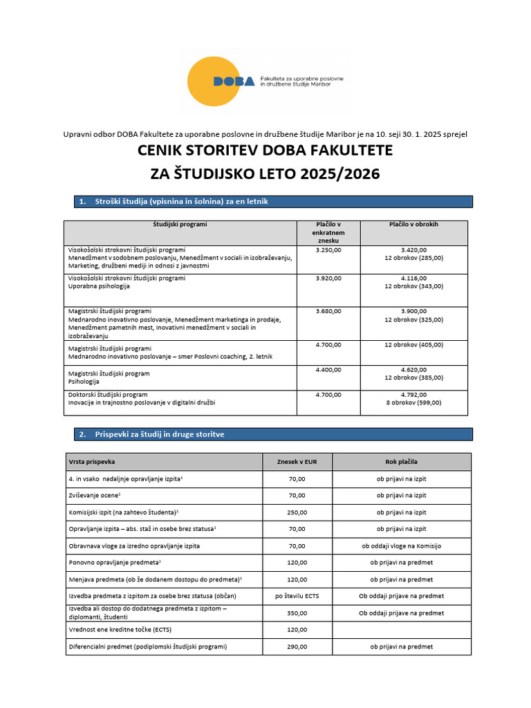Cenik Storitev DOBA Fakultete 2025-2026 | PDF