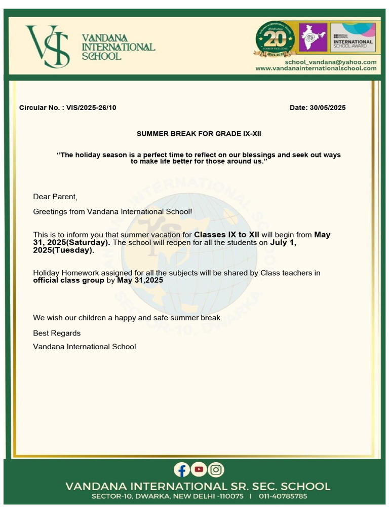 Summer Break Circular | PDF