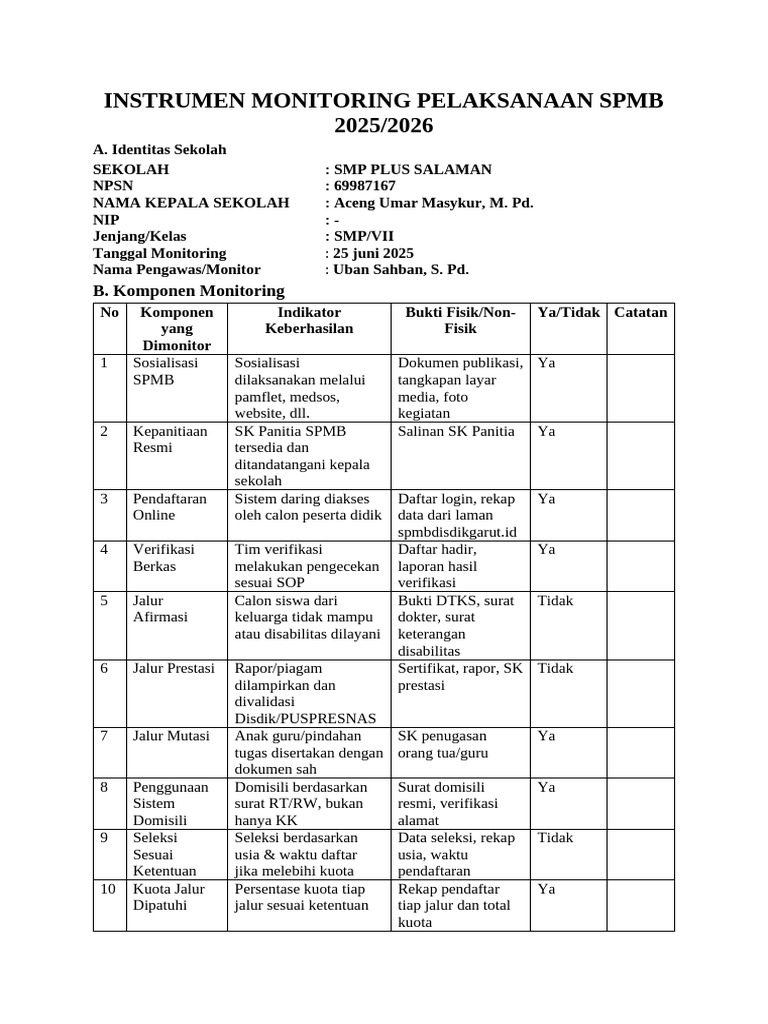 Instrumen Monitoring SPMB 2025 | PDF