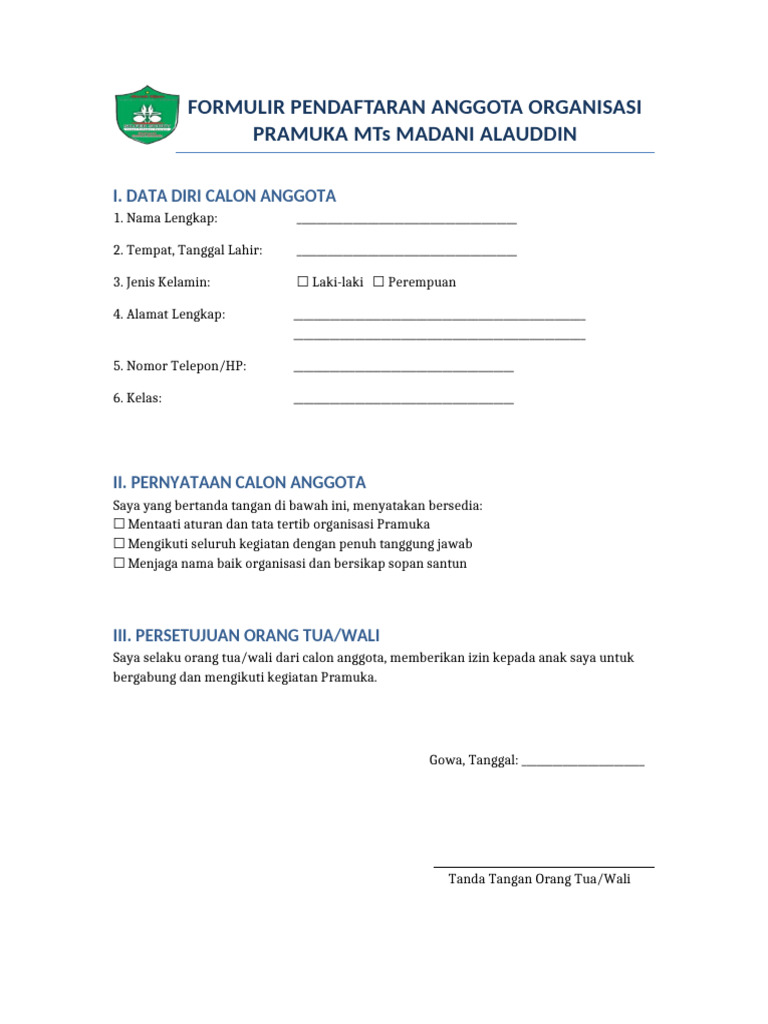 Formulir Pendaftaran Pramuka | PDF