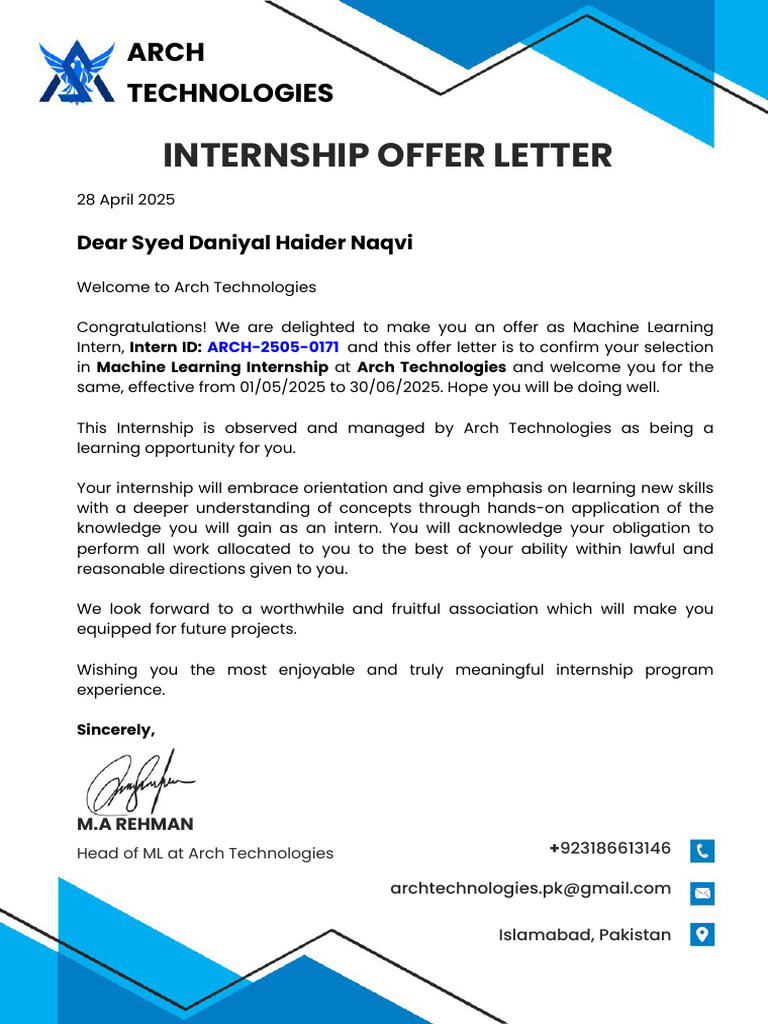 Syed Daniyal Haider Naqvi ML Internship Offer Letter | PDF