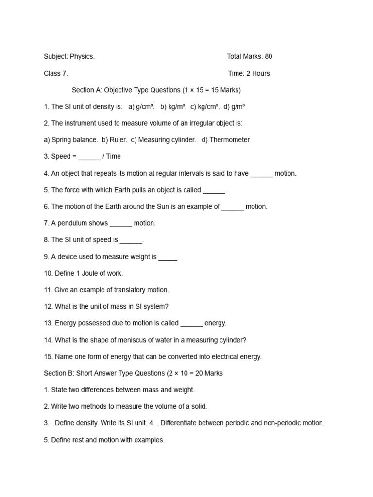 Subject - Physics Test Class 7 - 250525 - 194604 | PDF | Volume | Mass