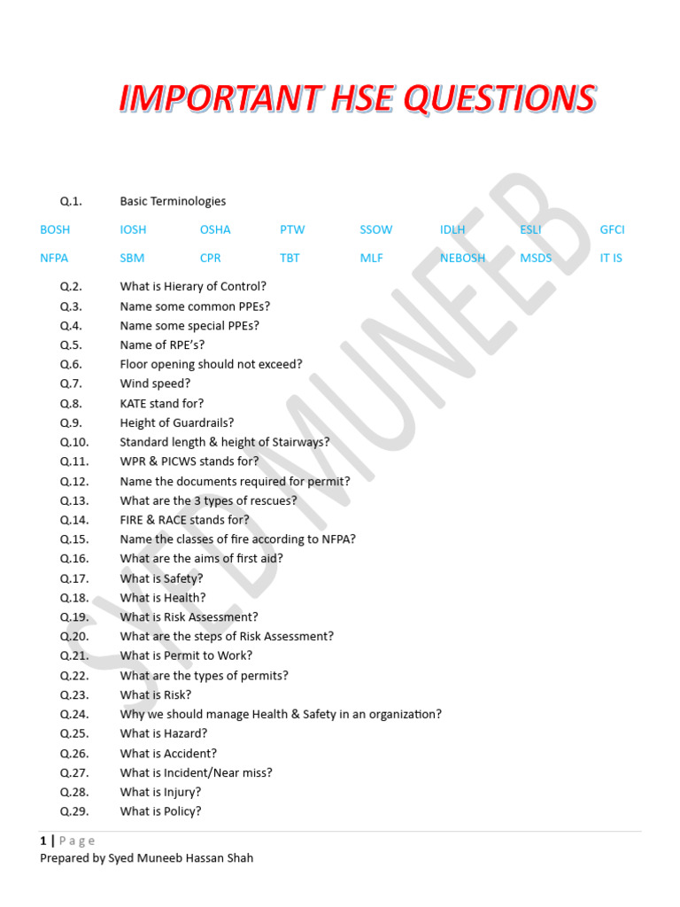 HSE Interview Questions Notes Perpared by Syed Muneeb Hassan Shah | PDF ...