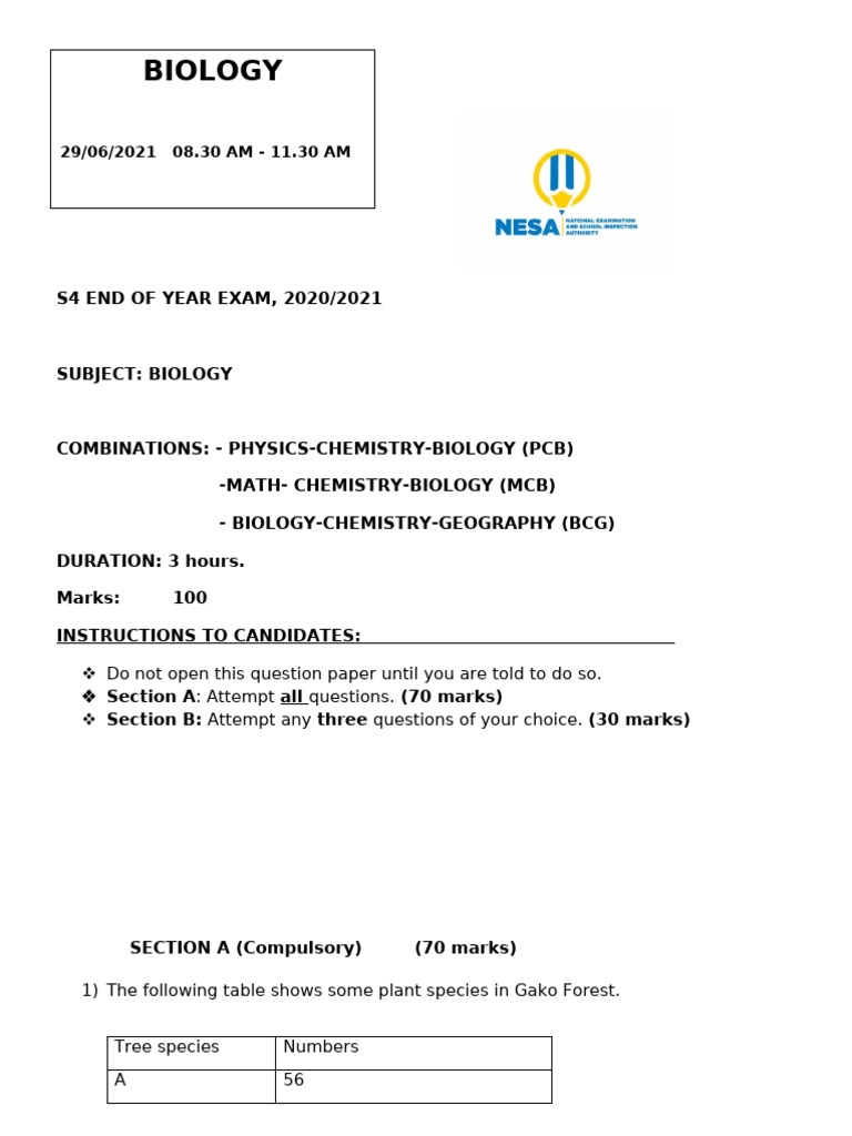 Biology and Practical Exam of The Third Term 2021 For S4 | PDF ...