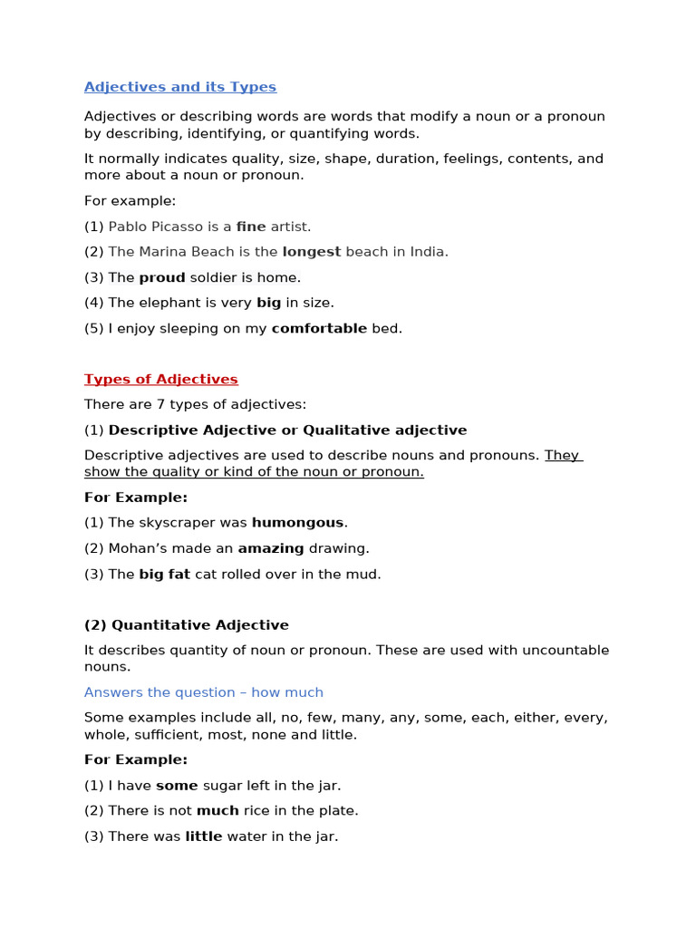 Types of Adjectives Explained for Class 8 | PDF | Adjective | Noun