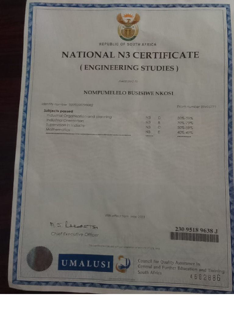 National Certificate of Nompumelelo | PDF