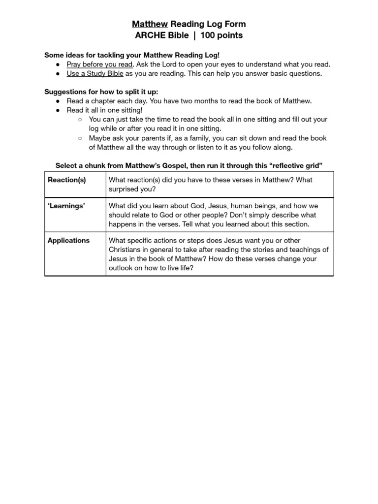 Matthew Reading Log 2024-2025 REVISED | PDF | Gospel Of Matthew | Jesus