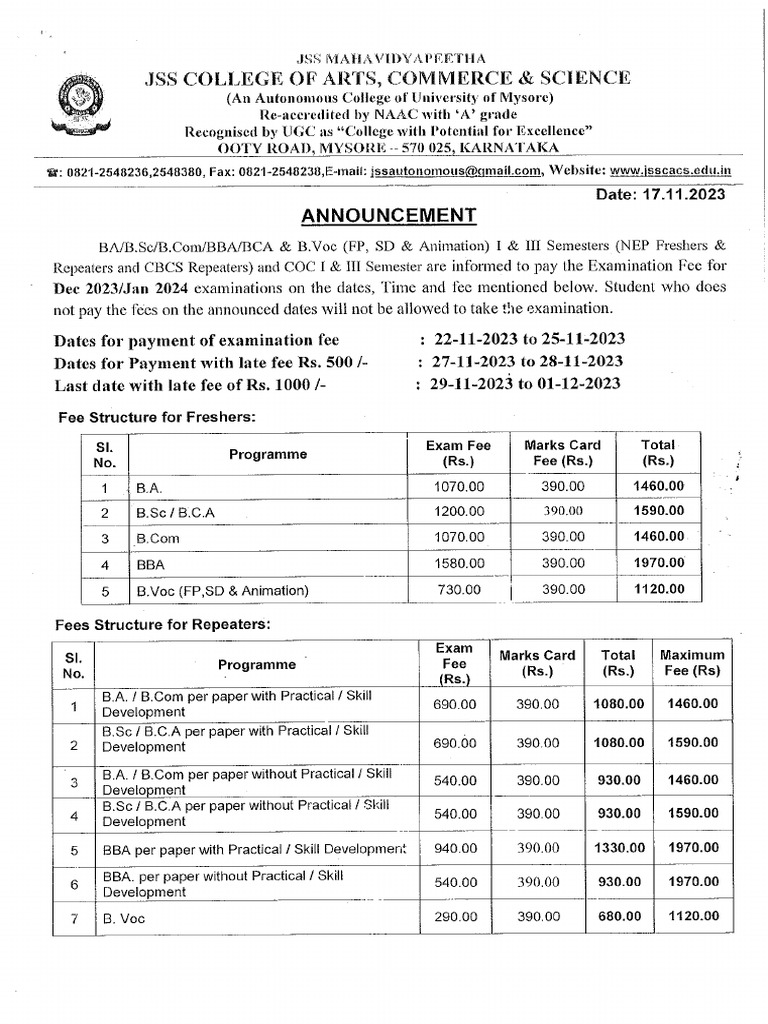 Notification For UG, B.voc and COC V Sem (NEP & CBCS) Examination Fee - Dec 2023 Jan 2024 ...