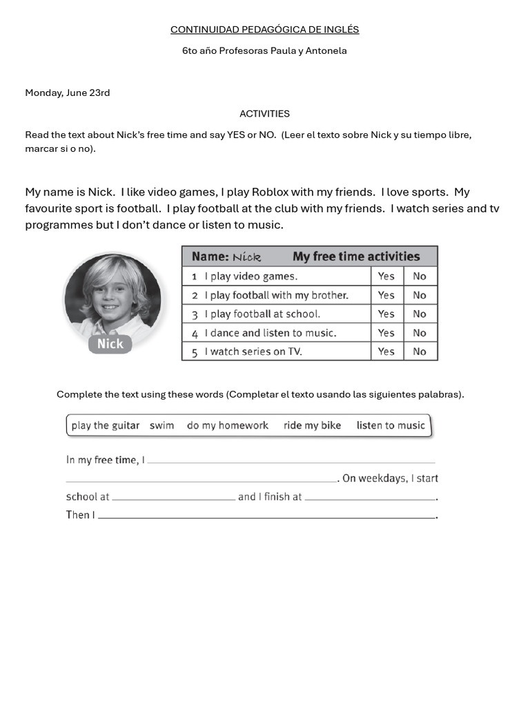 6to Continuidad Pedagógica de Inglés | PDF