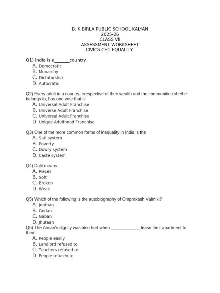 Assessment Worksheet CH 1 Civics | PDF