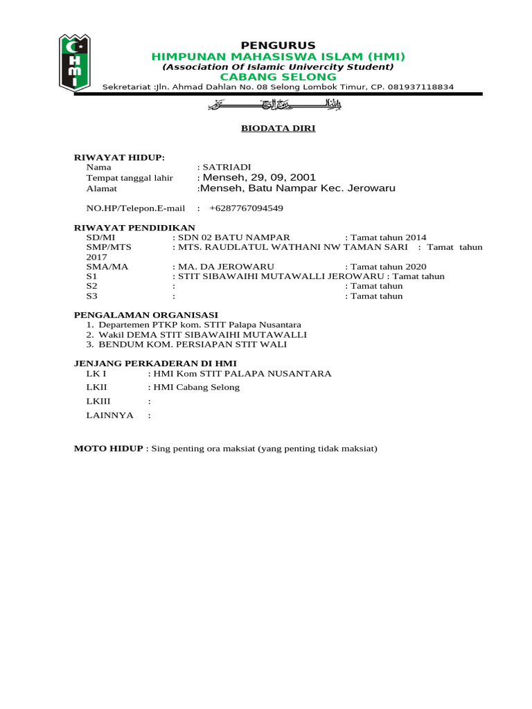 Biodata Satriadi Pengurus HMI Selong | PDF