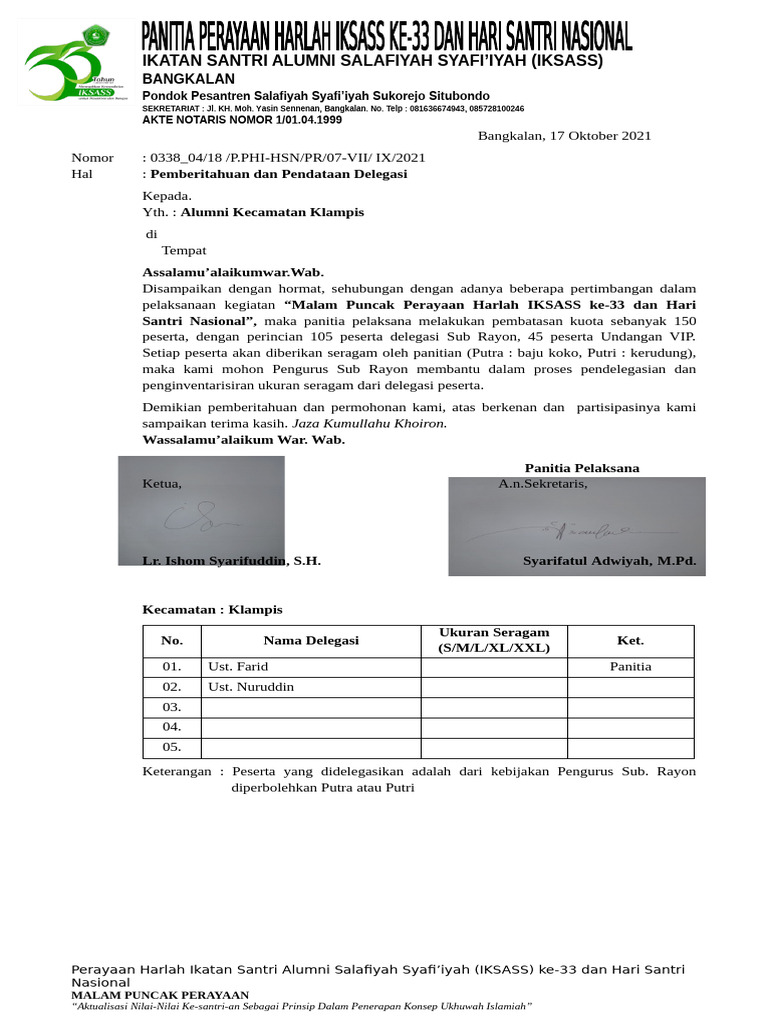 Pemberitahuan Harlah IKSASS ke-33 | PDF