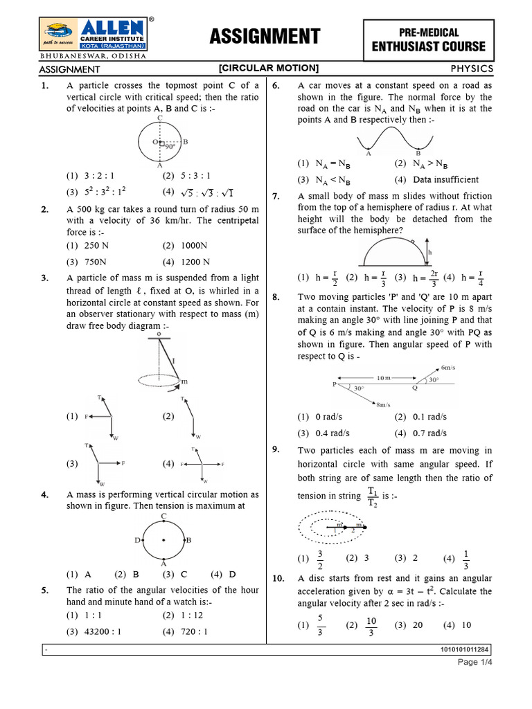 11 Assignment#11 Circular Motion-01 SC | PDF | Physical Sciences | Physical Quantities