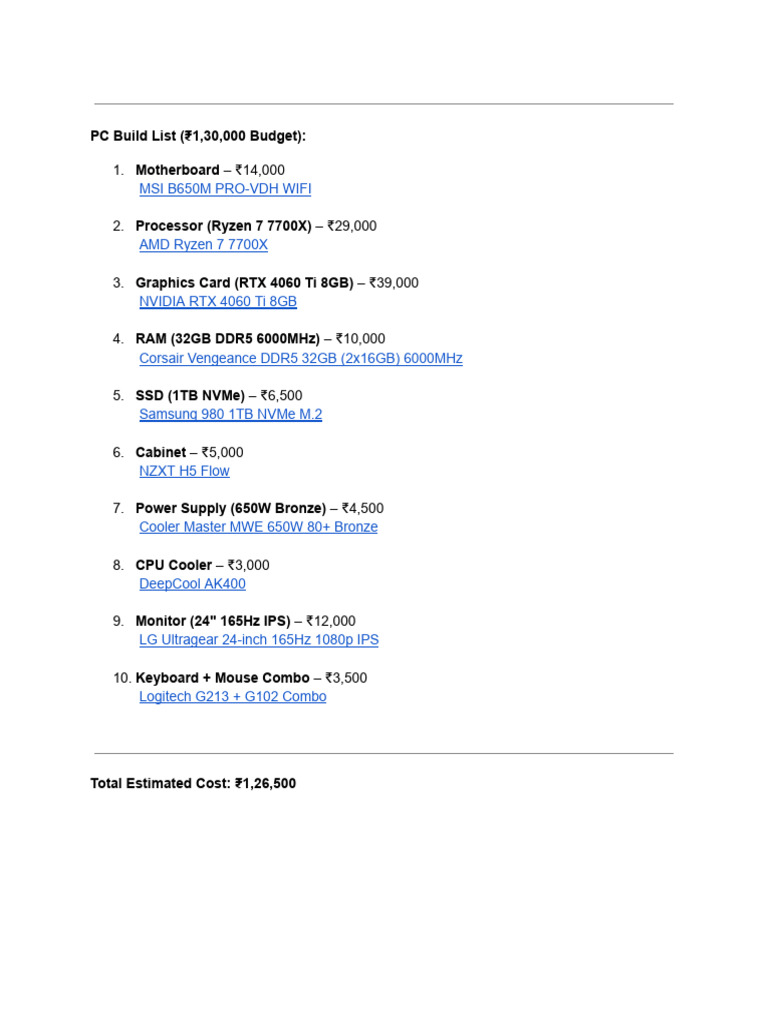 PC Build List ( 1,30,000 Budget) - 1 | PDF