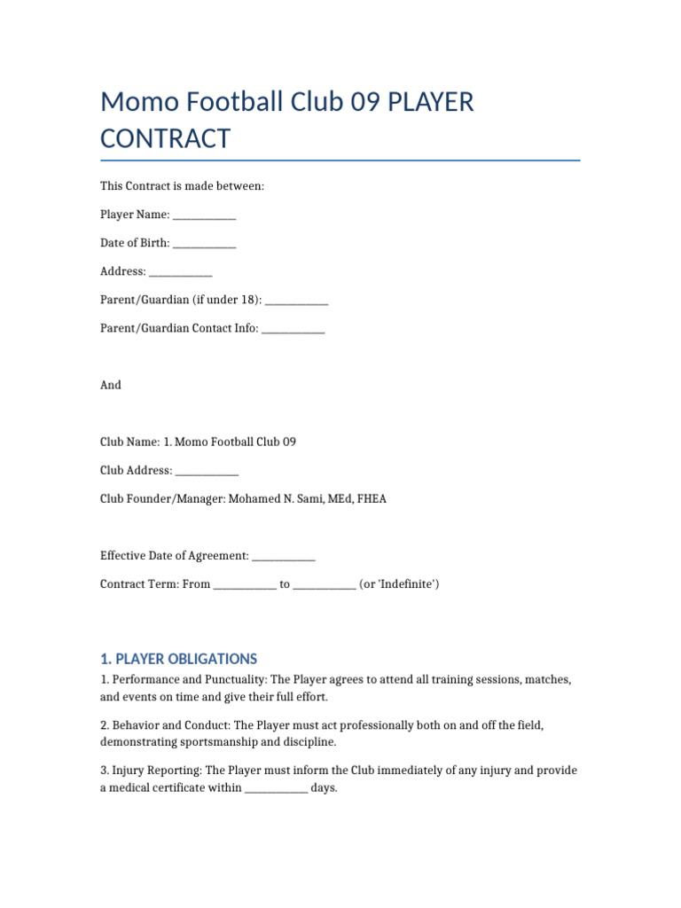 Momo FC Player Contract Agreement | PDF | Private Law | Business Law