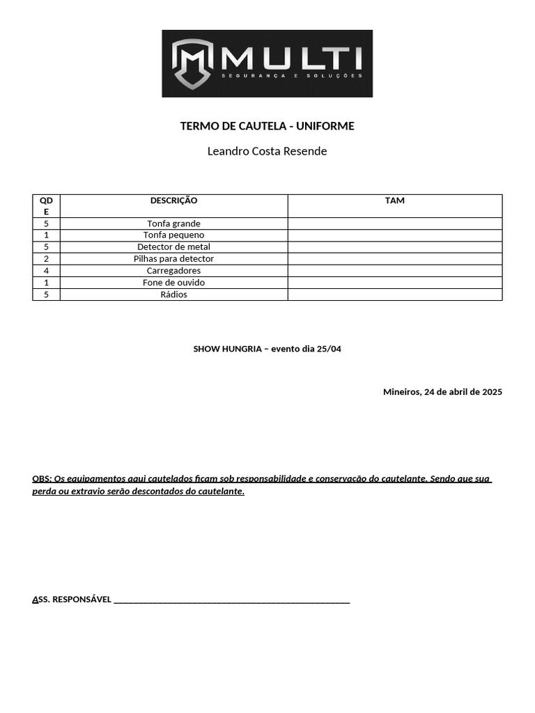 Termo de Cautela de Equipamentos | PDF