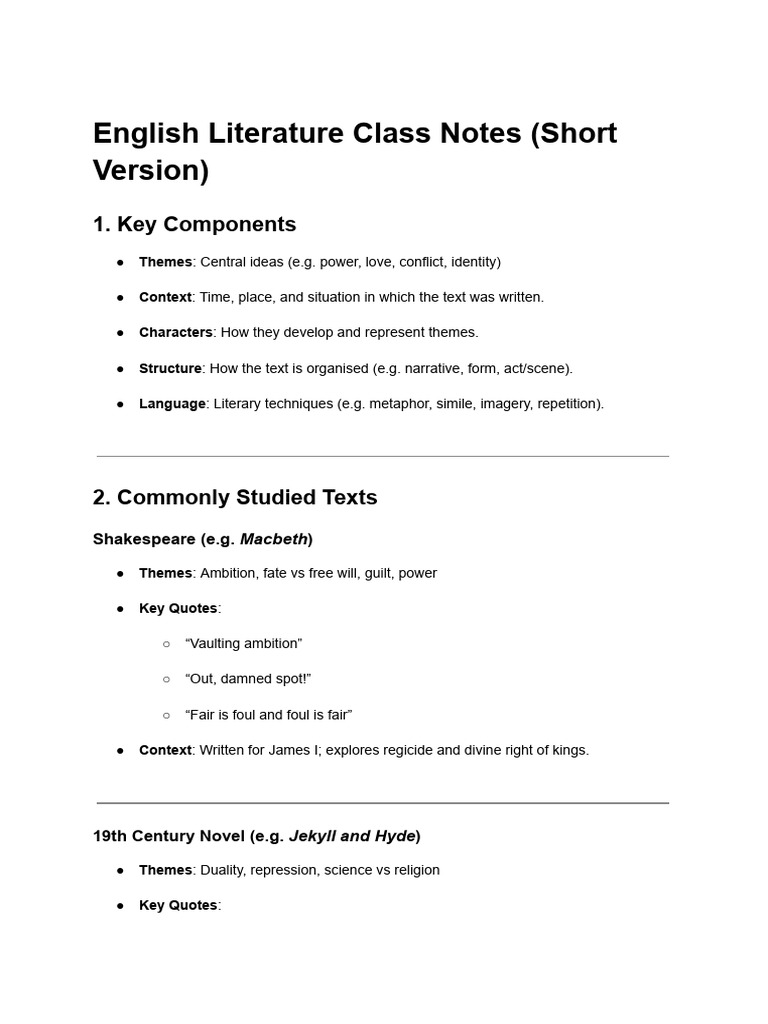 English Literature Class Notes Summary | PDF