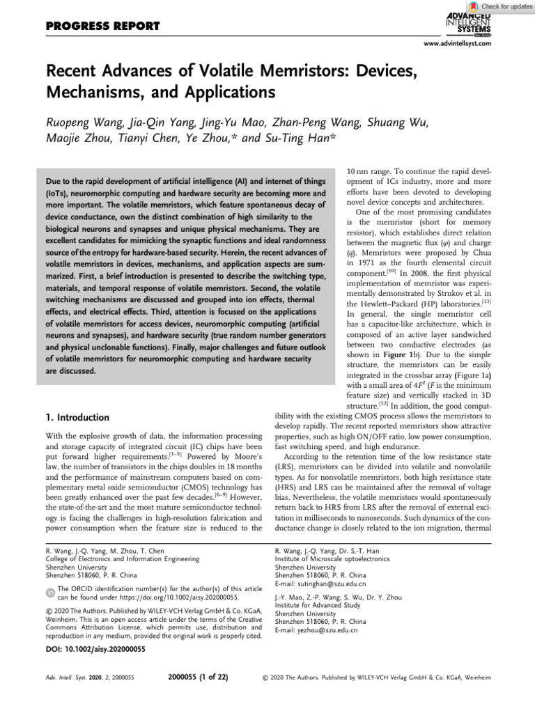Advanced Intelligent Systems - 2020 - Wang - Recent Advances of Volatile Memristors Devices ...